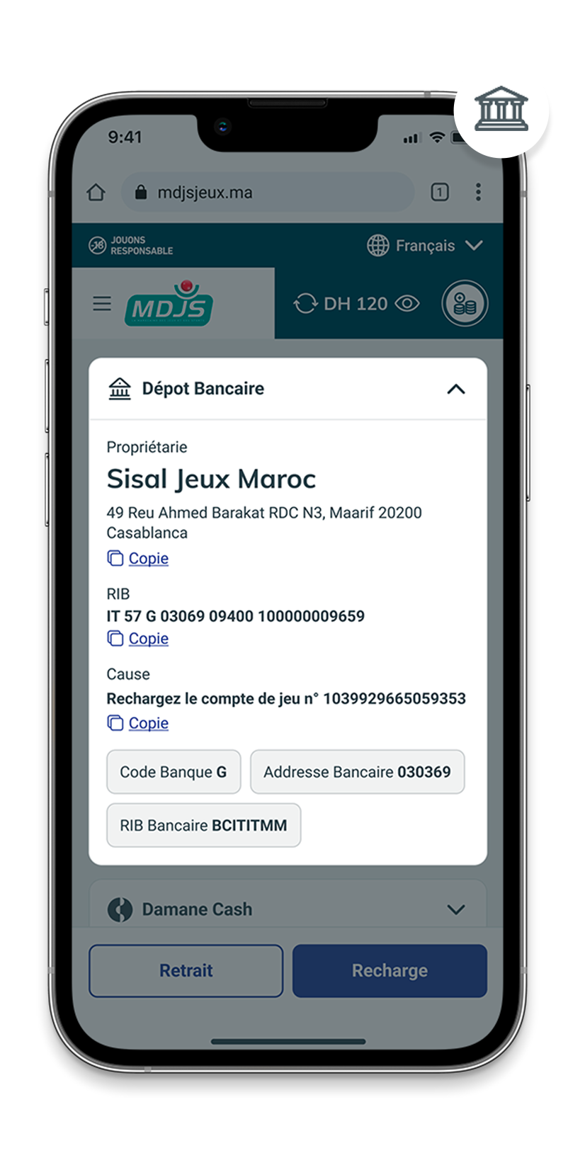 Aide pour Recharger Votre Compte | Cote et Sport Maroc